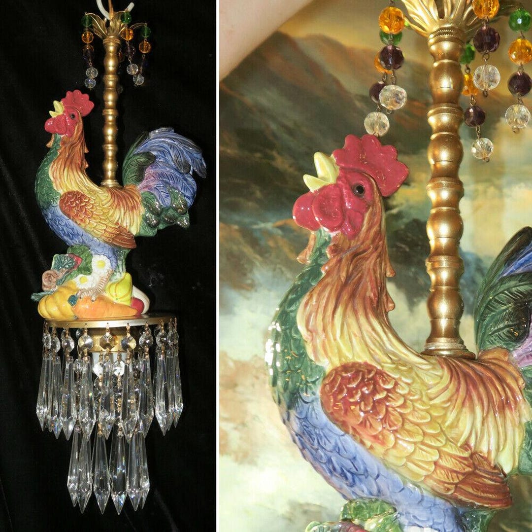 Porcelain Rooster Chicken Swag Lamp Brass Crystal Kitchen Chandelier ...