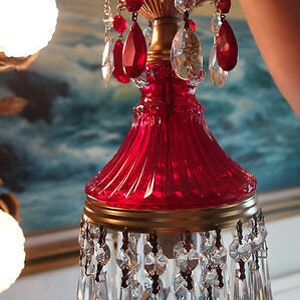 Vintage Ruby Red Lady Cupcake Glass Crystal Brass Swag Lamp Chandelier ...