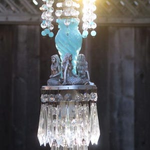 Mermaid Swag Lamp Chandelier Blue Glass Brass Silver Crystal Beads Sea ...