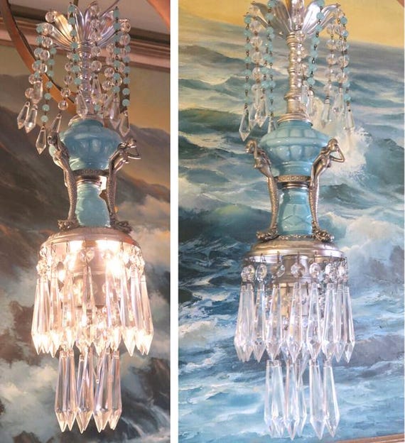 Mermaid Swag Lamp Chandelier Blue Glass Tole Silver S… - Gem