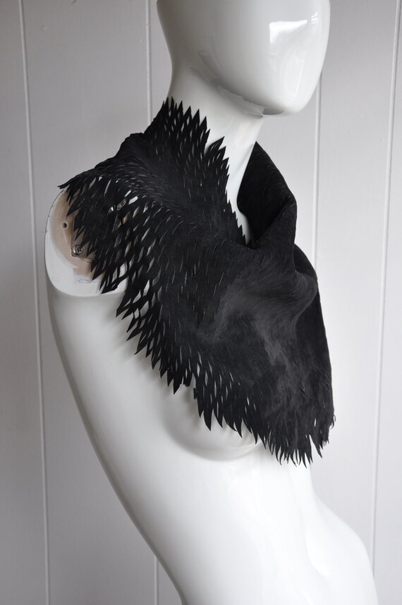 70s Black Leather Shawl with Fringe and "Shredded" De… - Gem