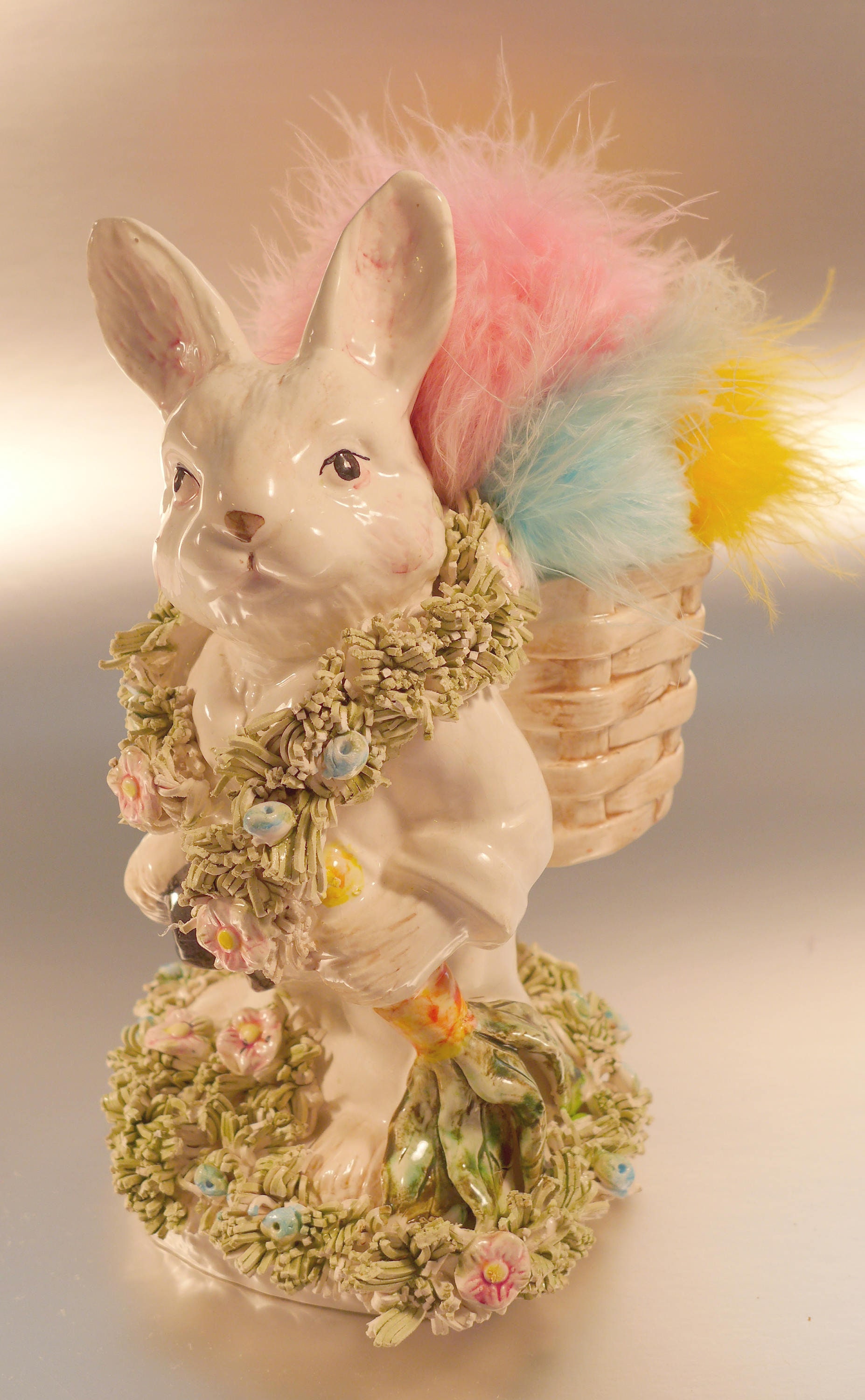 Ceramic Easter Bunny Planter With Feather Cottontail, Pastel, Pink ...