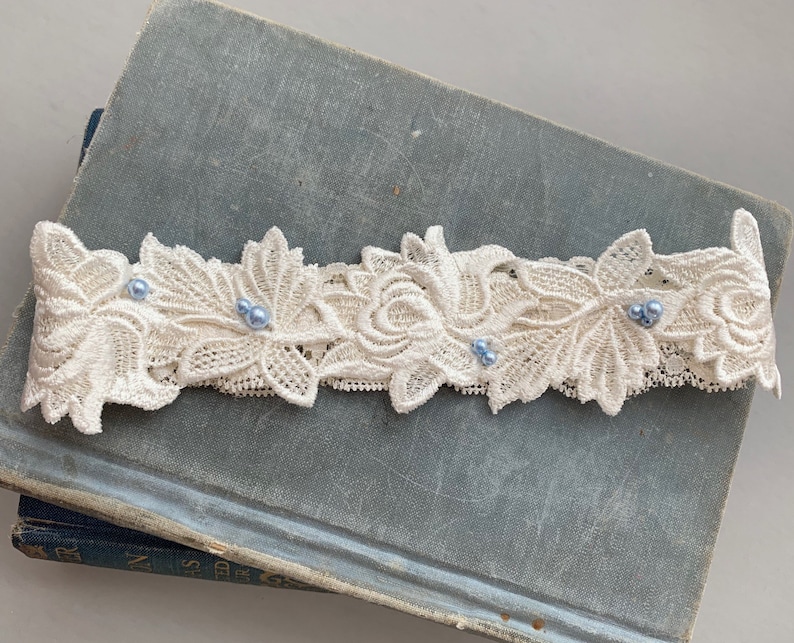 Lace Wedding Garter With Blue Pearls, Something Blue Bridal Garter ...