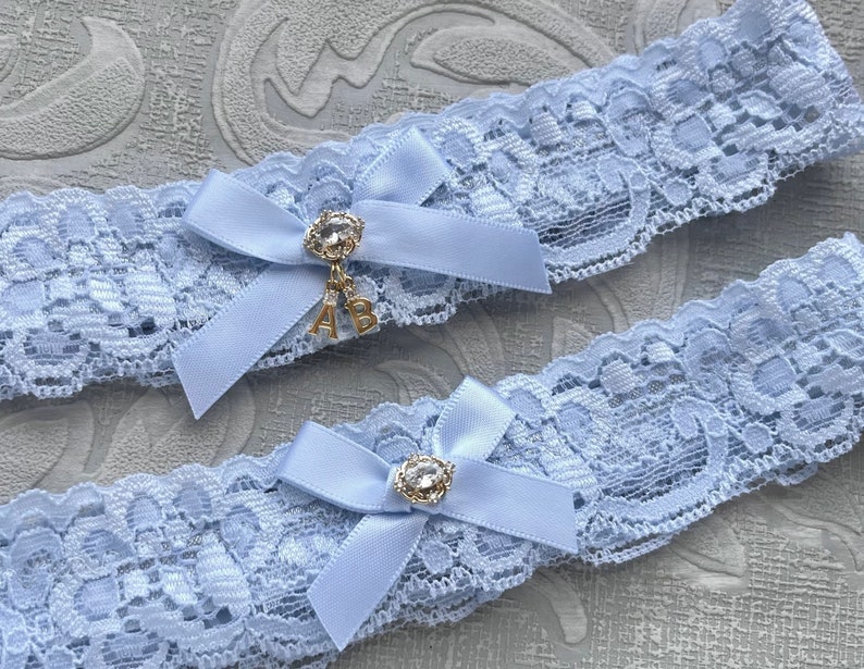 Personalized Something Blue Lace Wedding Garter Set, Gold Initials ...