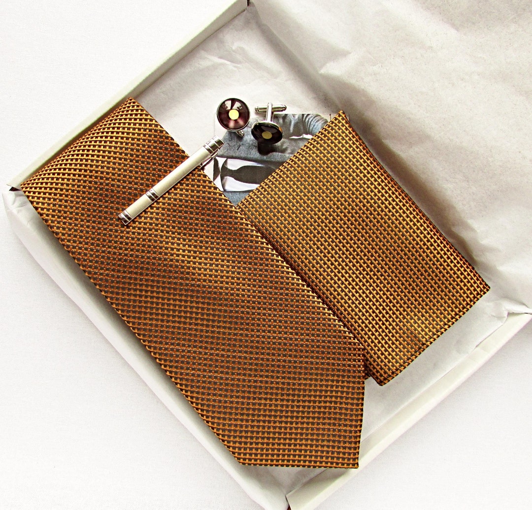 Gold Rust Tie Set, Gold Rust Pocket Square, Rust Tie, Wedding Tie, Gift ...