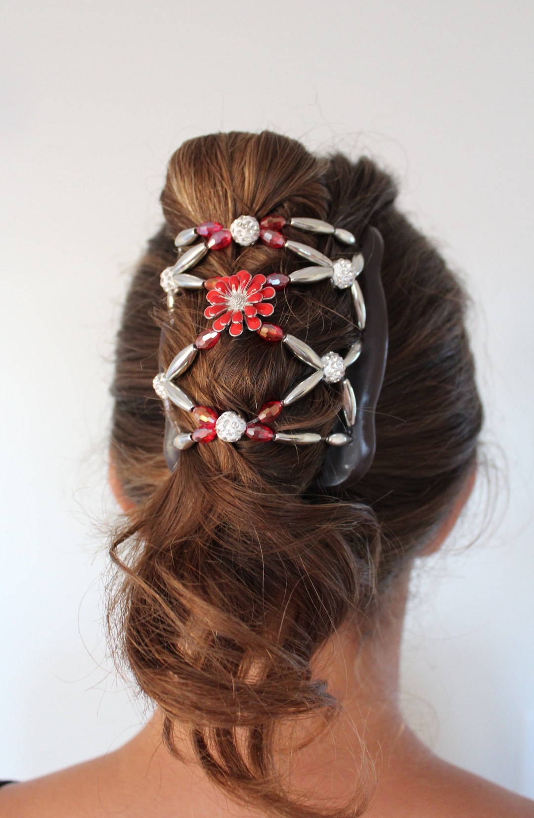 Red Flower Double Comb, Crystal Bead Hair Accessory, Handmade in USA - Etsy