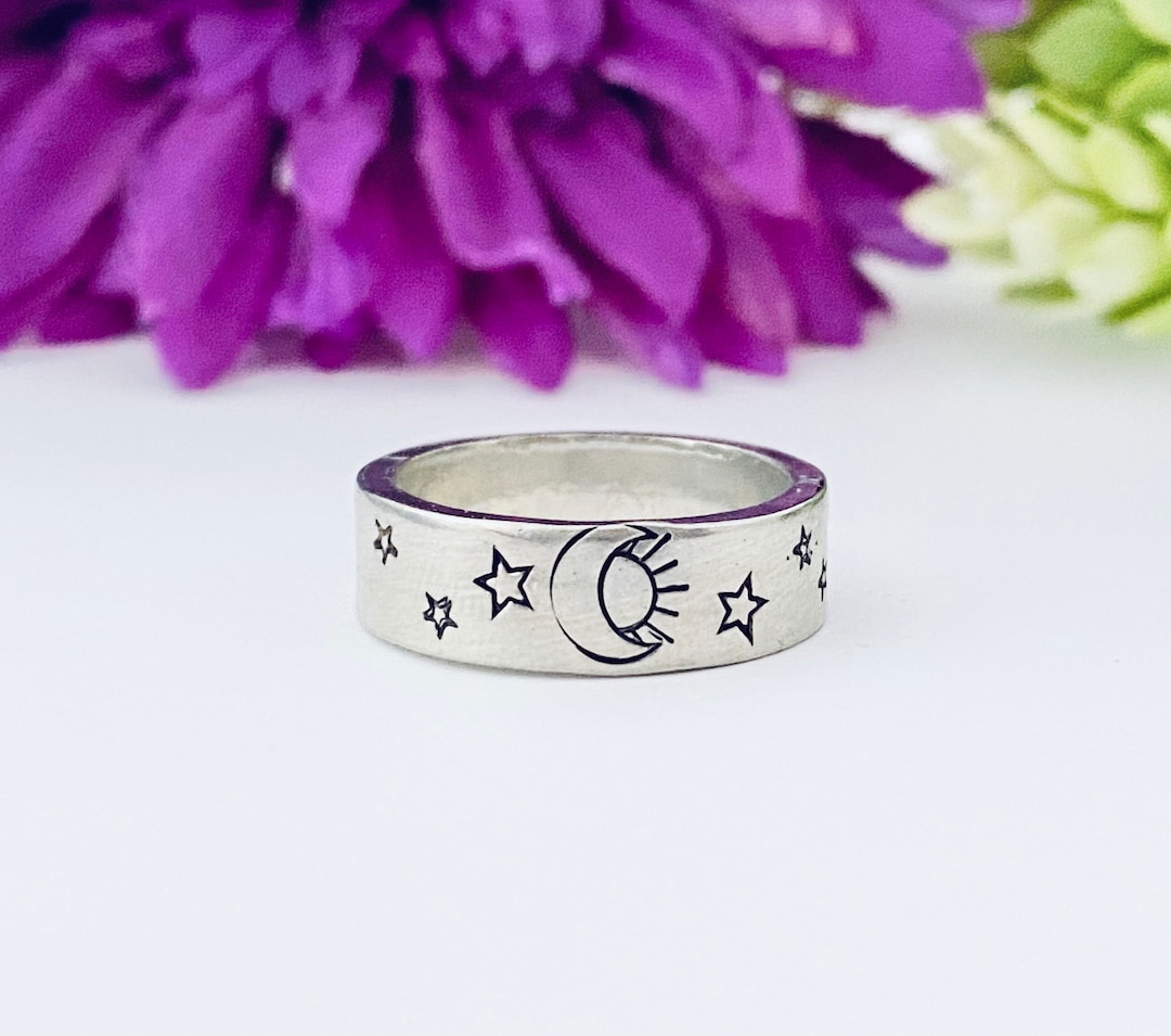 Sun, Moon, and Stars Ring Band - Custom Hand Stamped Ring - Very Sturdy ...