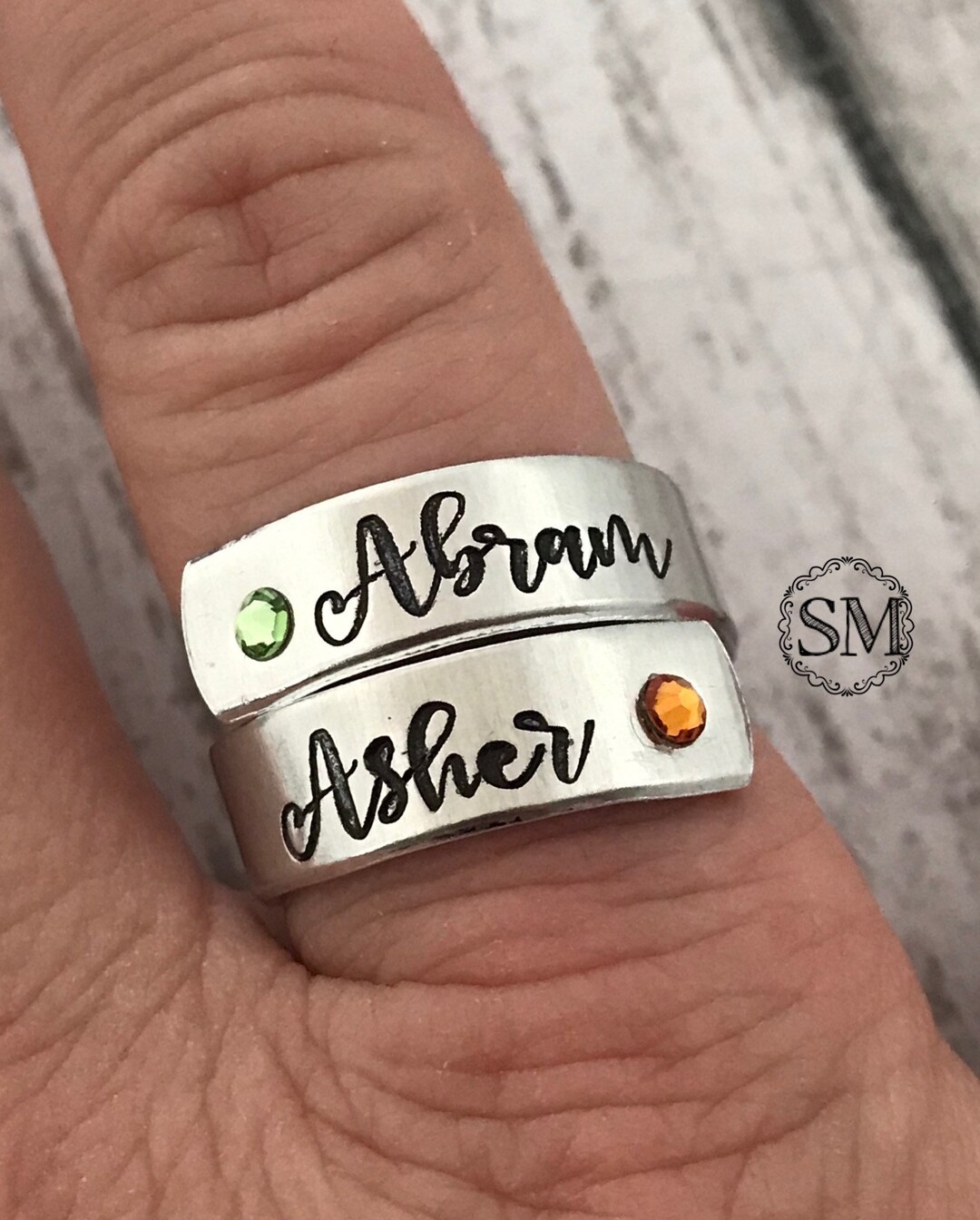 Birthstone Ring With Names Hand Stamped - Personalized Ring - Mothers ...