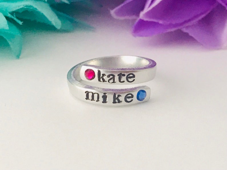 Custom Wrap Ring With Names Birthstones - Personalized Thin Wrap Ring ...