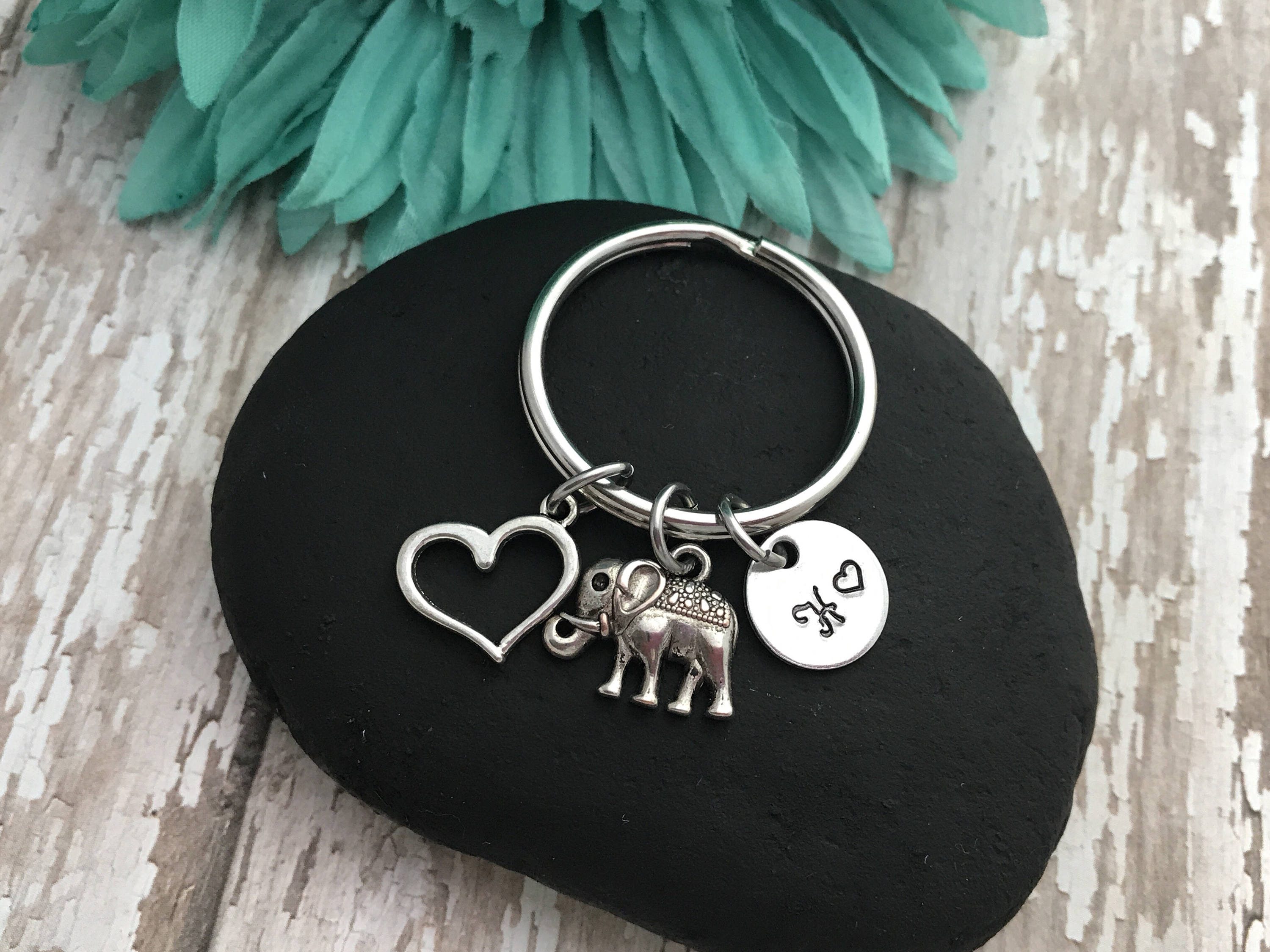 Elephant Keychain With Heart Charm and Initials or Name Disc Hand ...