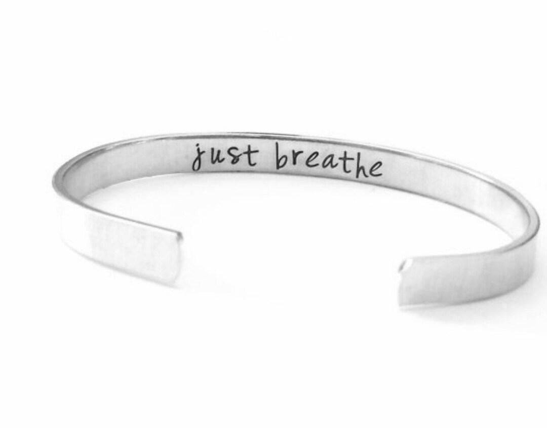Just Breathe - INSIDE SECRET MESSAGE Hand Stamped Bracelet Cuff ...