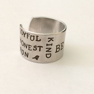 BE Happy, Brave Strong Kind Inspirational Ring Cuff - Hand Stamped Ring ...
