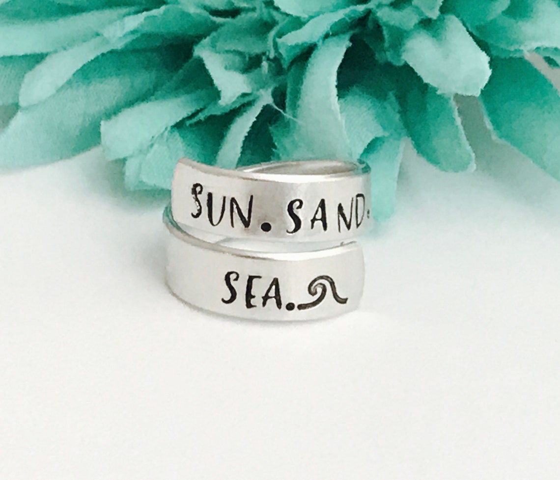 Beach Vacation Sun Sand Sea Wave Ring Hand Stamped Ring | Etsy
