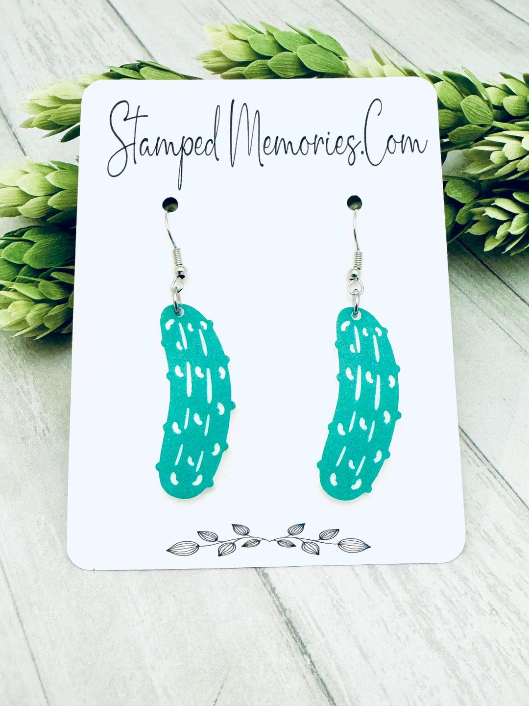 Pickle Earrings, Made From Acrylic, Green and White Engraved Markings ...