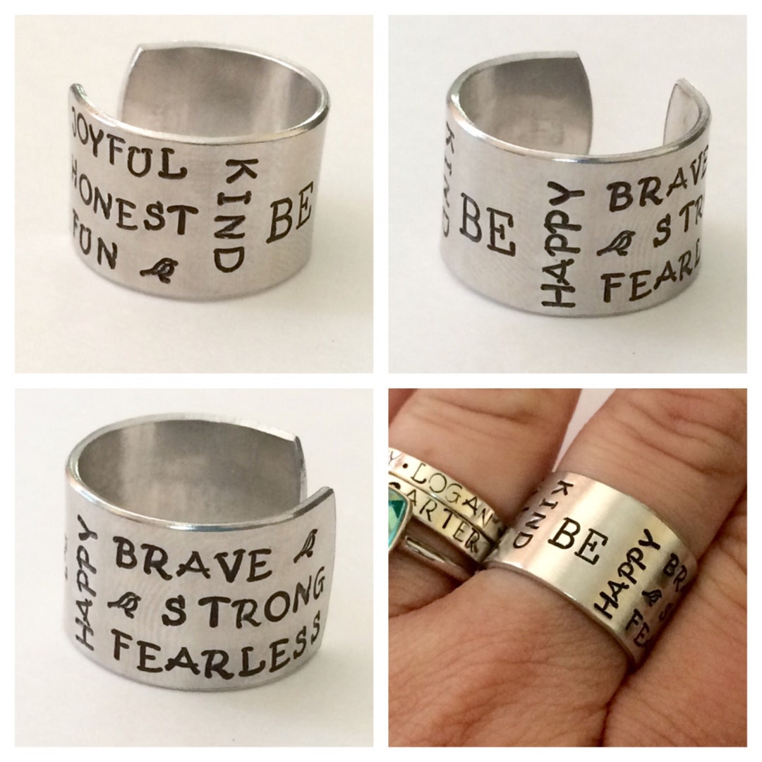 BE Happy, Brave Strong Kind Inspirational Ring Cuff - Hand Stamped Ring ...