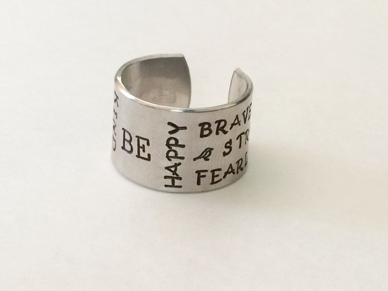 BE Happy, Brave Strong Kind Inspirational Ring Cuff - Hand Stamped Ring ...