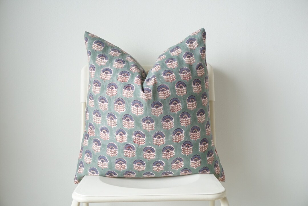 Block Print Pillow, Floral Pillow, Botanical Pillow, Boho Pillow ...