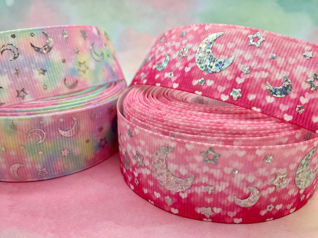 Moon and Stars Foil Grosgrain Ribbon 1" 25mm, Hair Bow Ribbon, 4 Yards ...