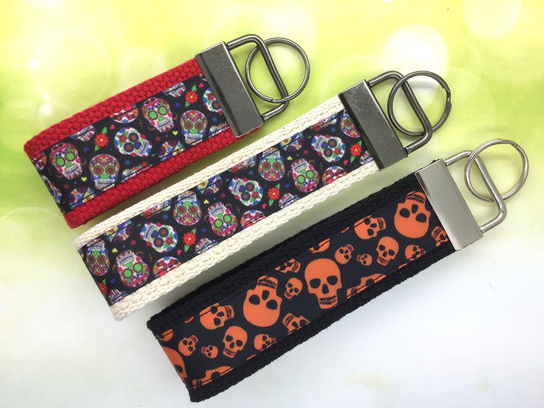 Skull Key Fob, Skull Keychain, Halloween Key Chain, Sugar Skull Keyring ...