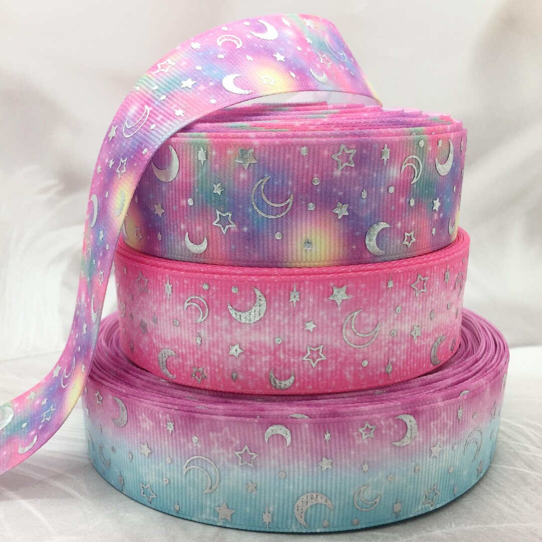 Moon and Star Grosgrain Ribbon 1" 25mm, Celestial Ribbon, Rainbow ...