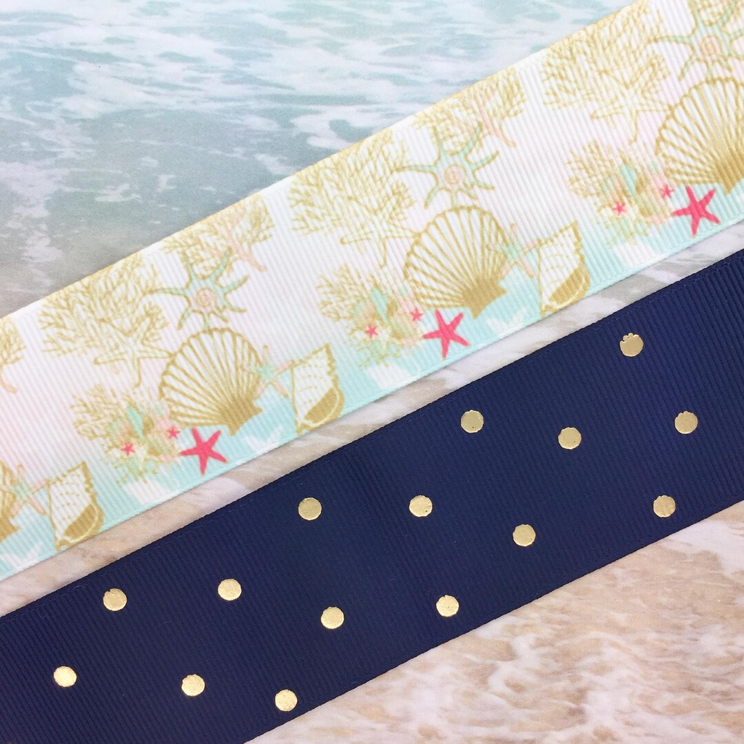 Nautical Shell Ribbon, Navy Polka Dot Ribbon, Grosgrain Ribbon 1.5 ...