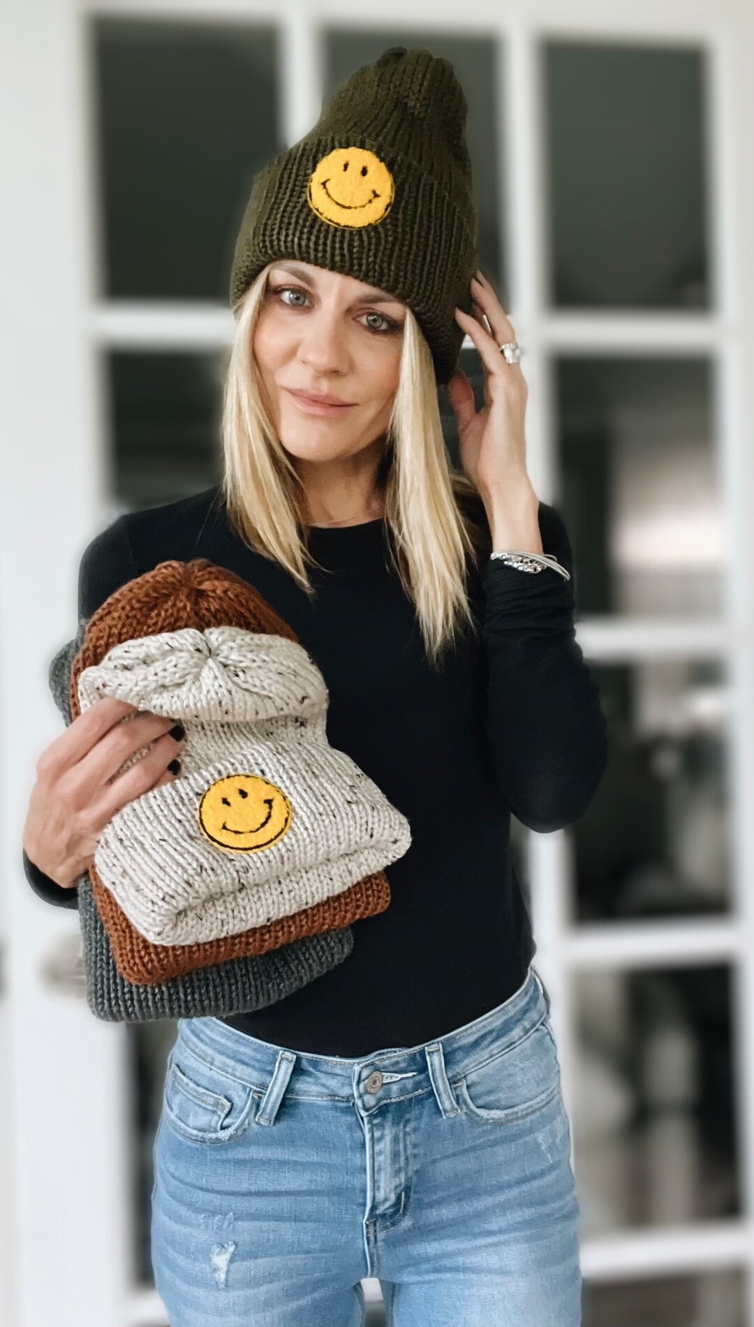 Handmade Unisex Double Knit Fold-up Brim SMILEY FACE BEANIE | Adult - Etsy