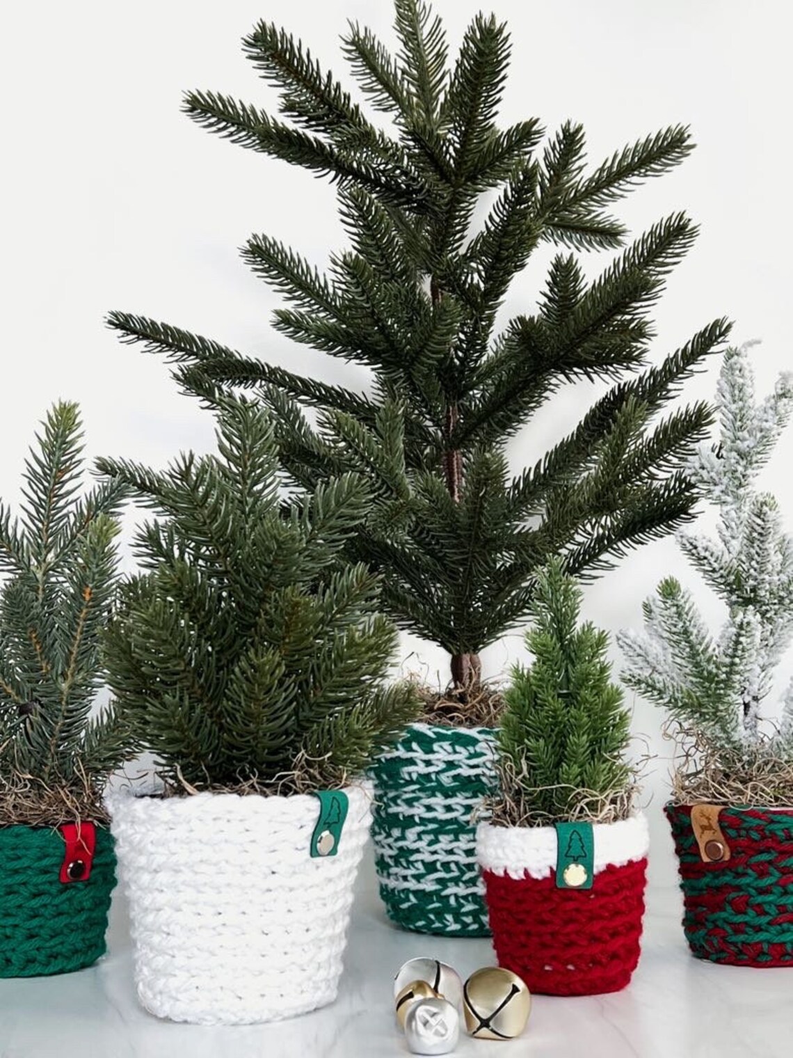 Faux MINI PINE TREE Plant With Crochet Planter Sleeve large - Etsy
