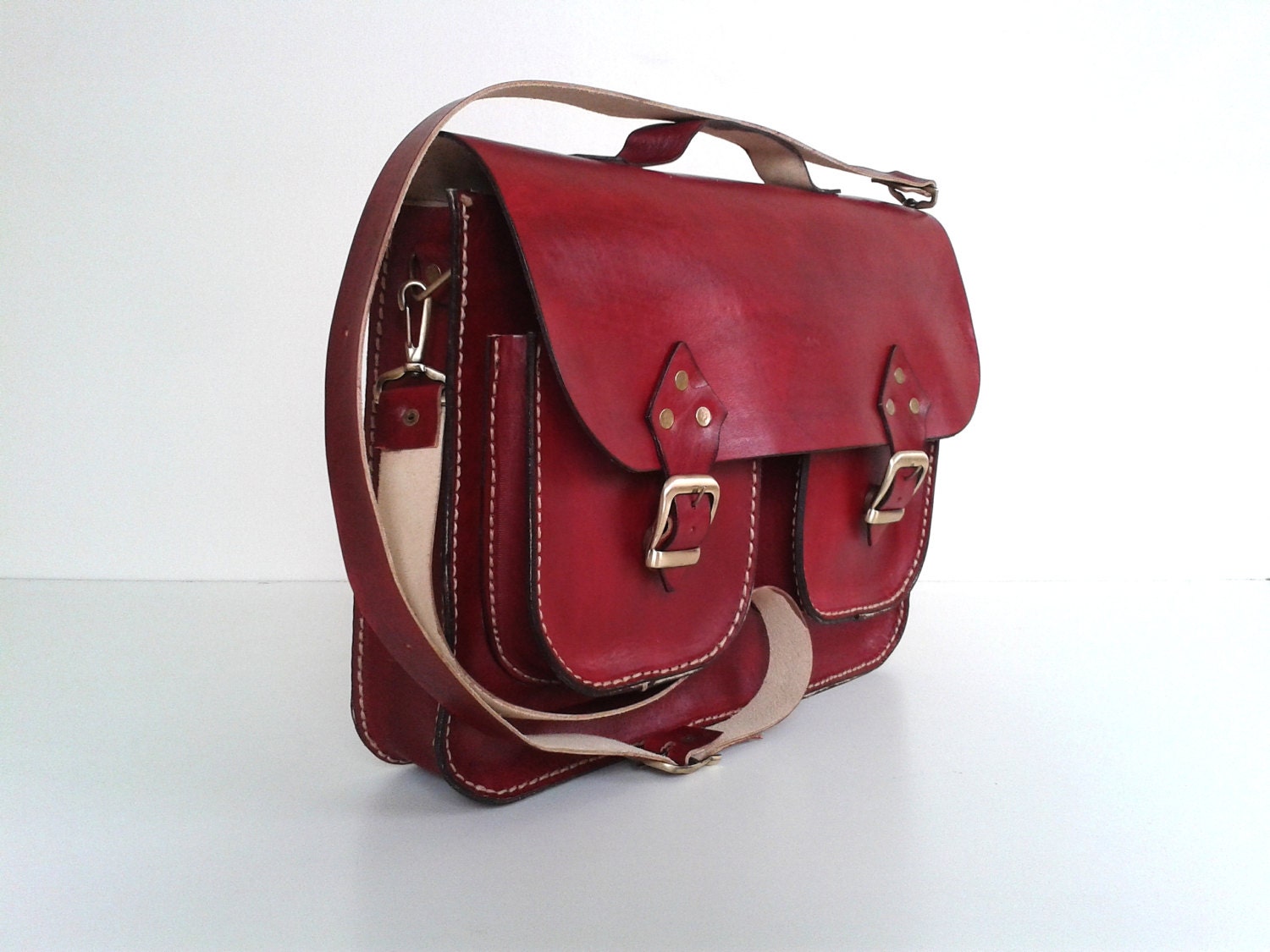 Red Leather Laptop Bag With Pockets ,briefcase ,messenger Bag ,shoulder ...