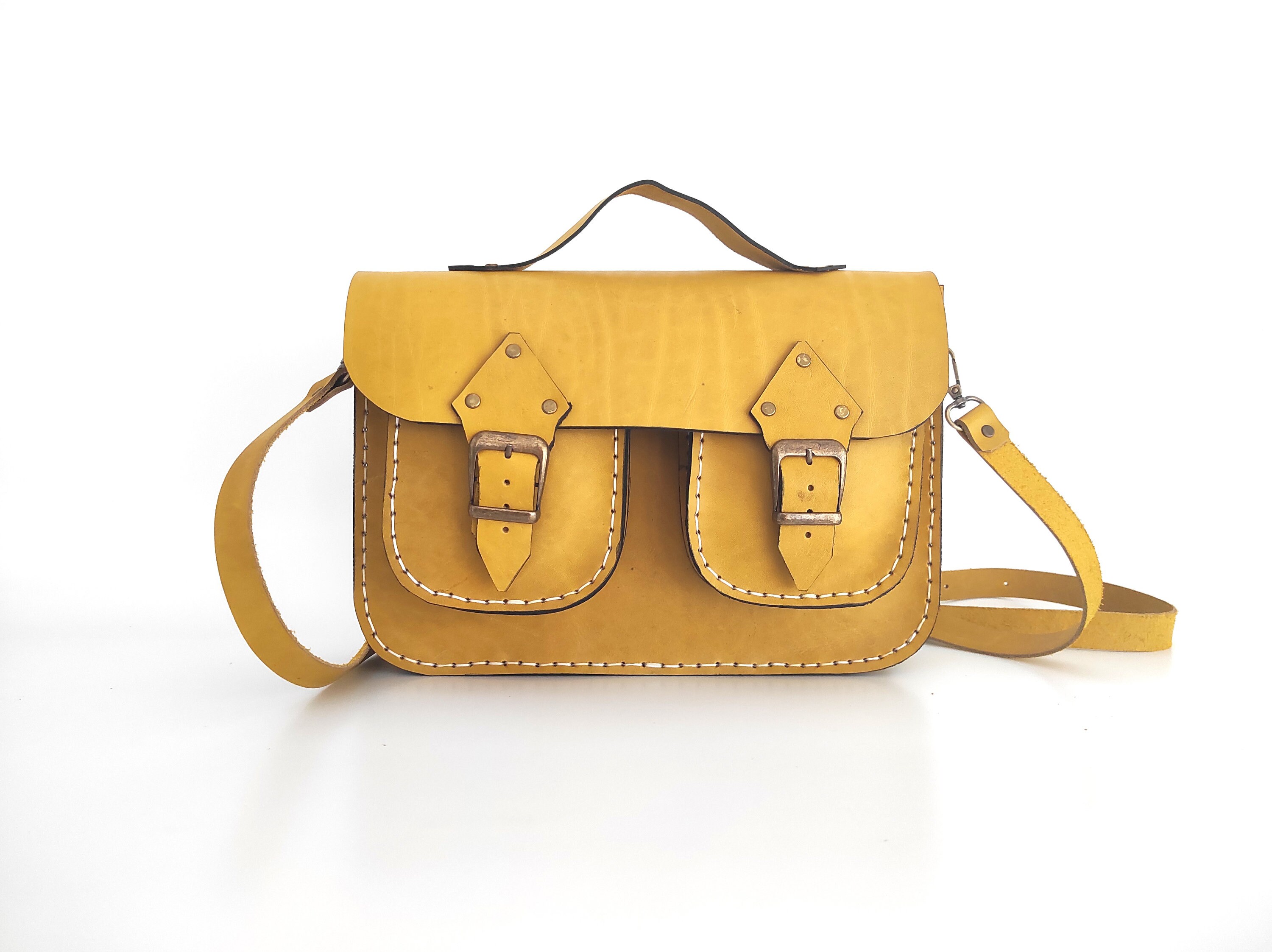 Yellow Leather Bag retro Style messenger Bag satchel tote - Etsy