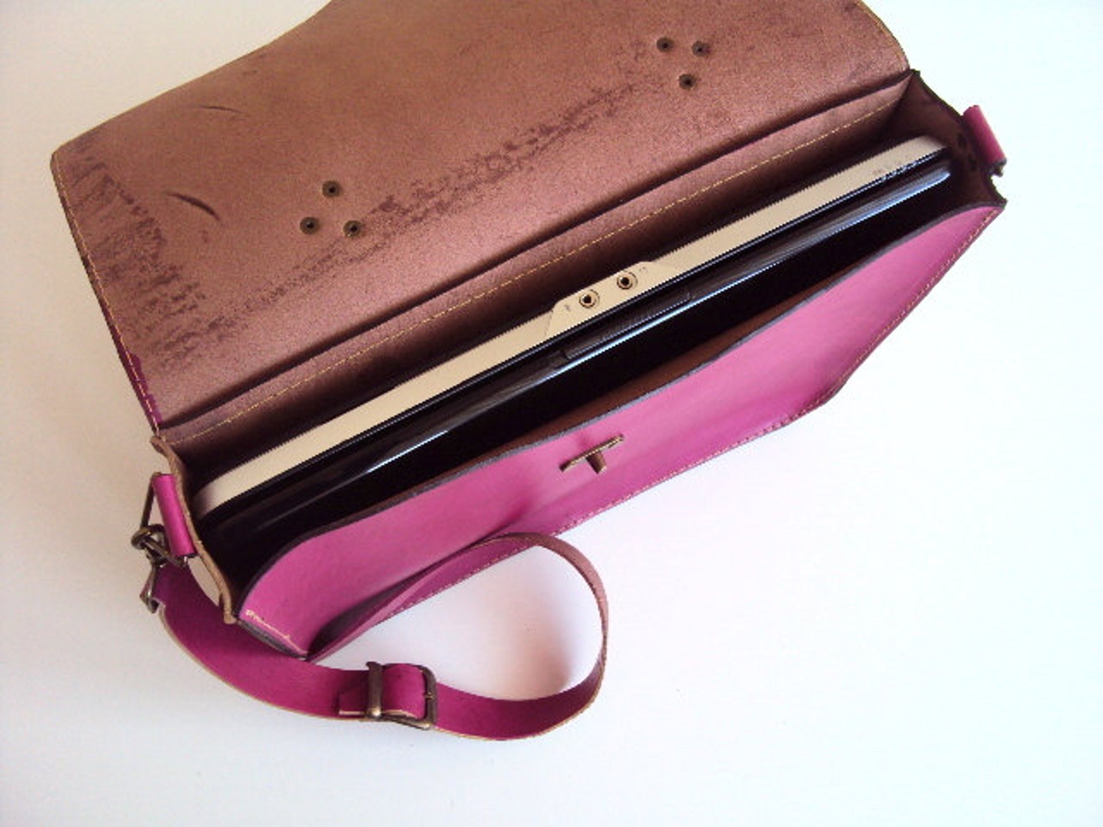 Magenta Pink Leather Laptop Bag fuchsia Leather briefcase - Etsy