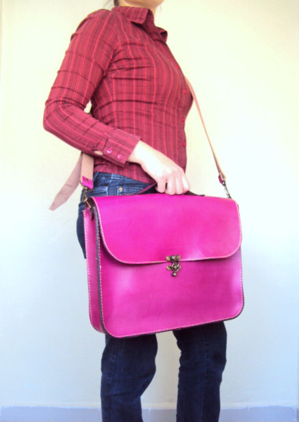Magenta Pink Leather Laptop Bag fuchsia Leather briefcase - Etsy