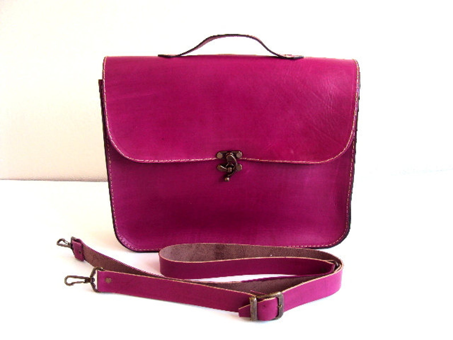 Magenta Pink Leather Laptop Bag fuchsia Leather briefcase - Etsy
