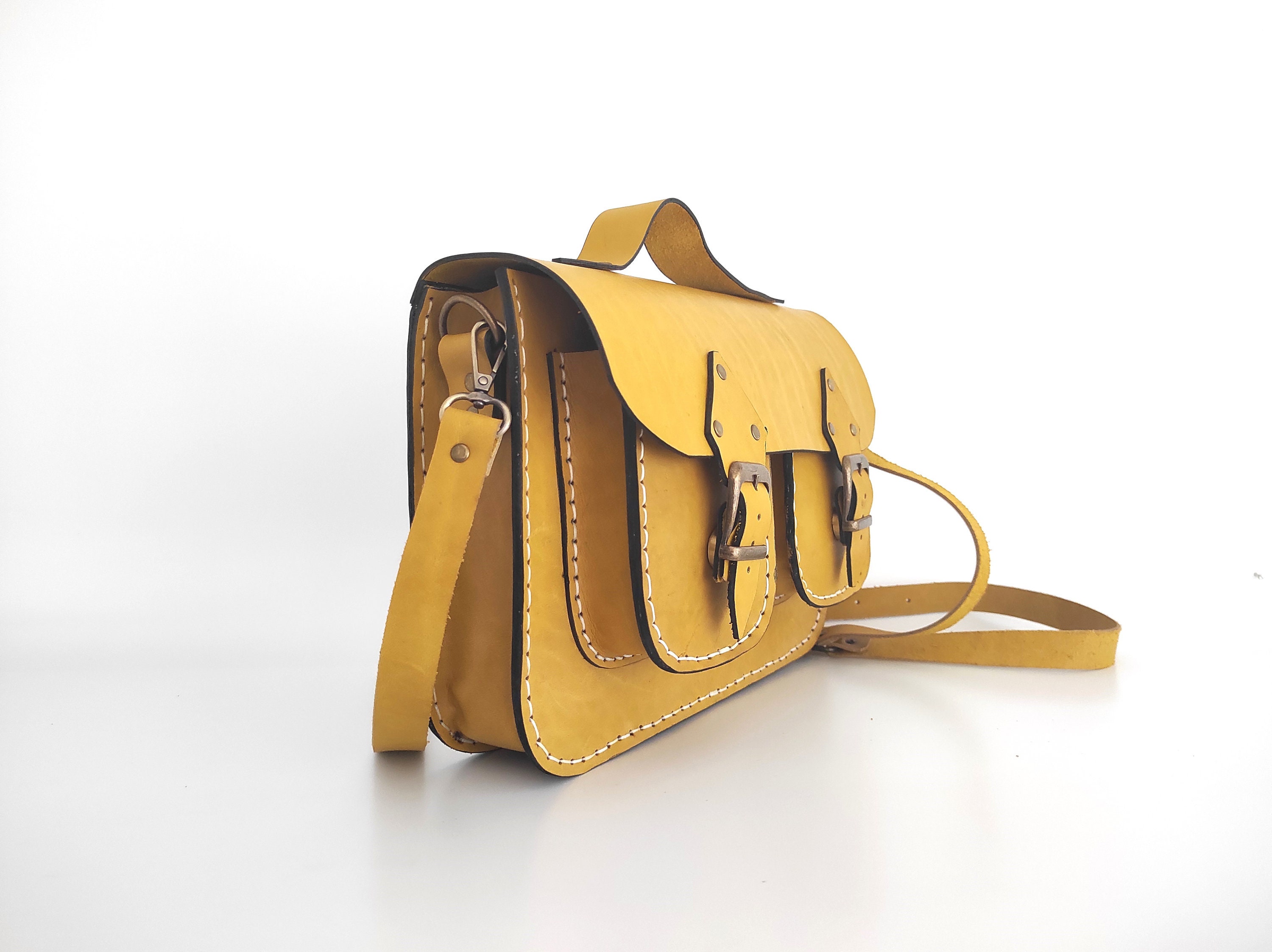 Yellow Leather Bag retro Style messenger Bag satchel tote - Etsy