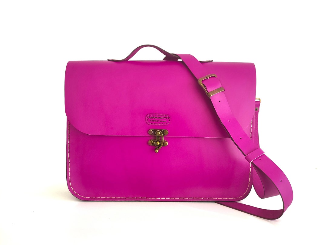 Magenta Pink Leather Laptop Bag ,fuchsia Leather ,briefcase ,messenger ...