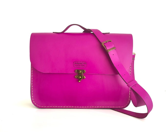 Magenta Pink Leather Laptop Bag ,fuchsia Leather ,briefcase ,messenger ...