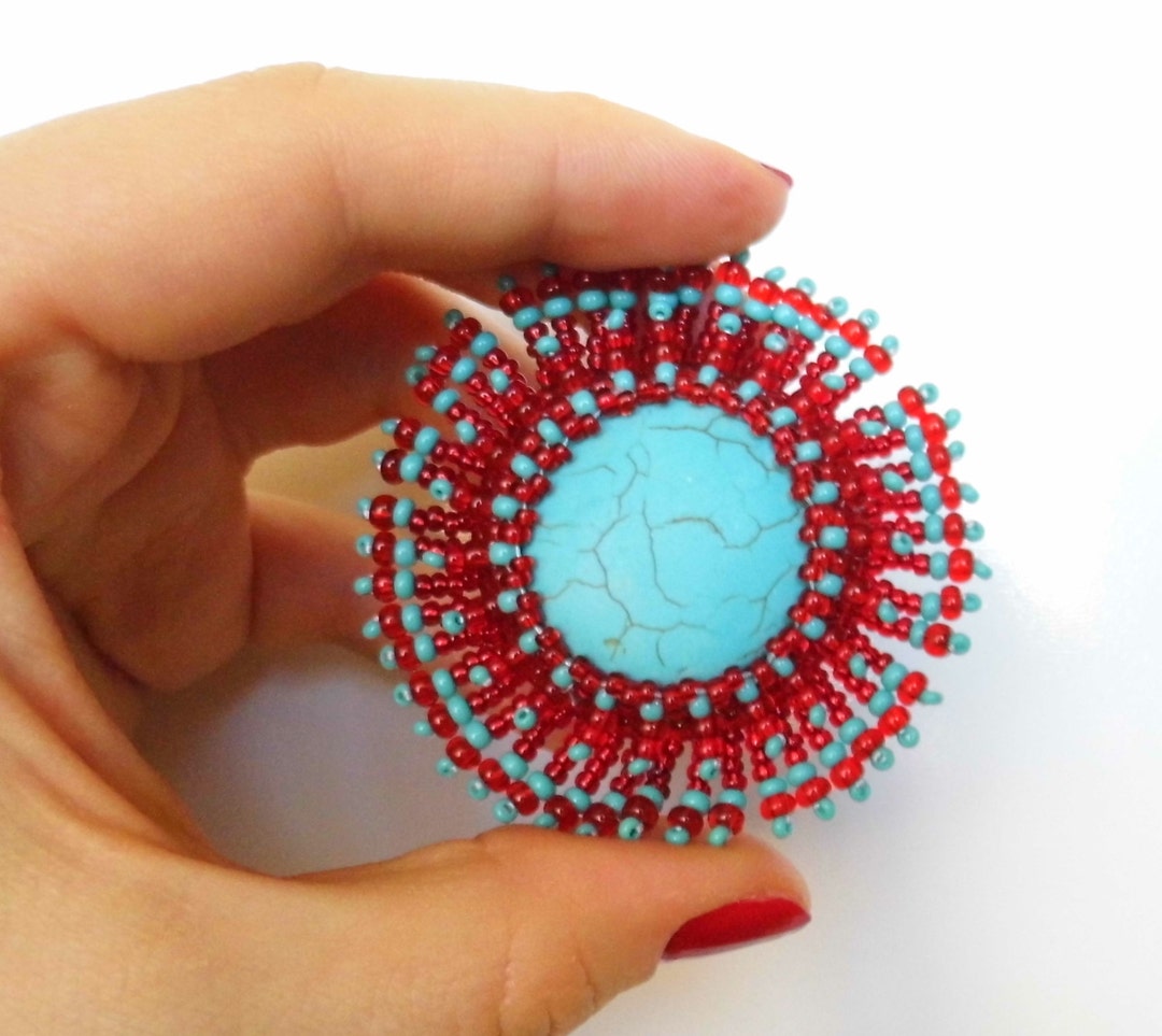 Beaded Blue Red Brooch With Blue Howlite Cabochon / Beadwork - Etsy