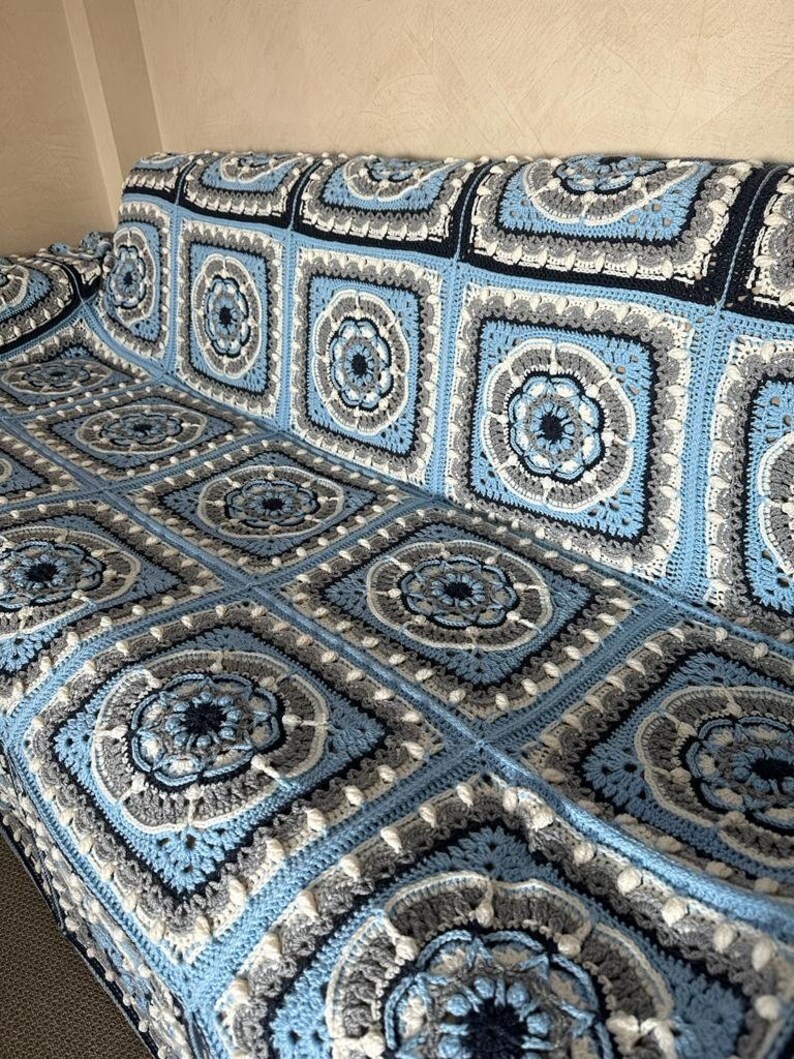 King Size Afghans Blanket, Granny Square Crochet, Luxurious Soft Cosy Home Decor, Ice Blue ...