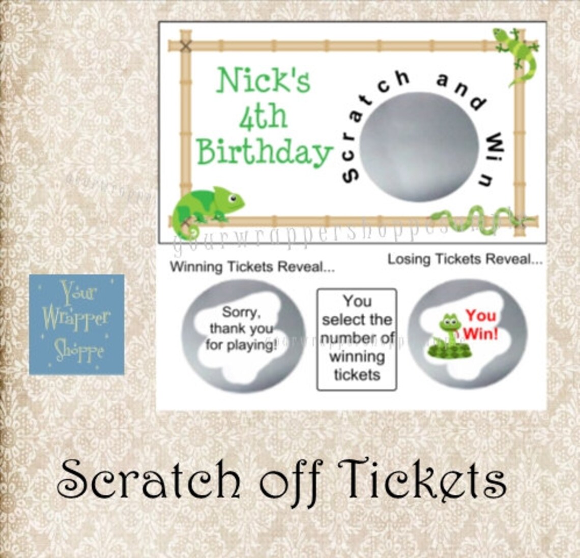REPTILE LIZARDS JUNGLE Birthday Party Game Scratch off Tickets Game ...