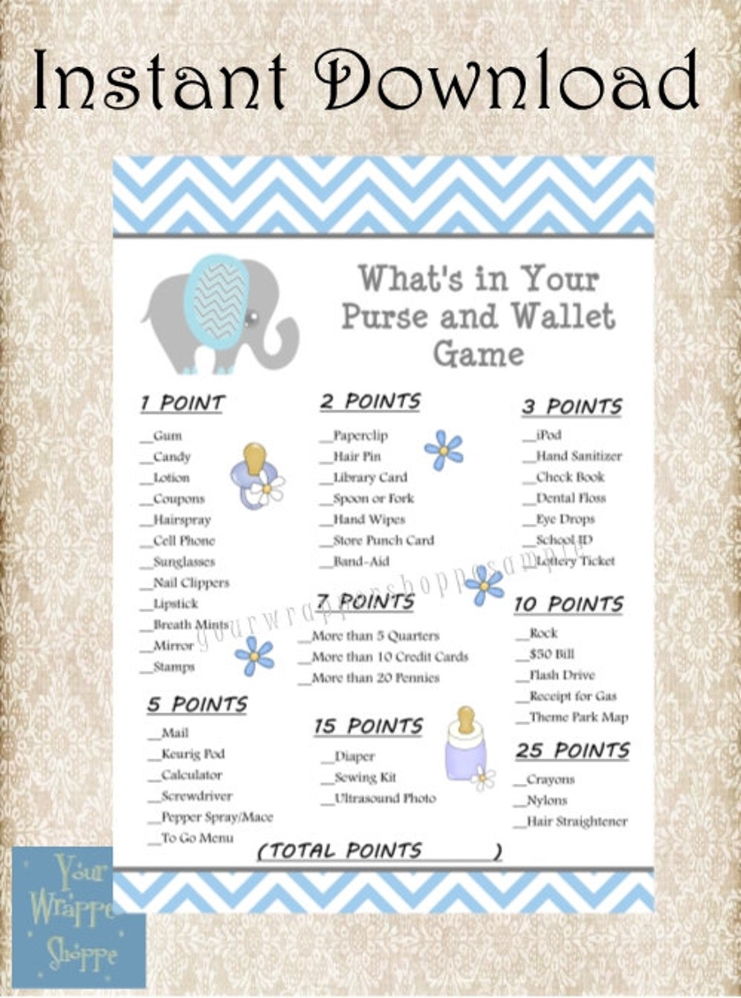 INSTANT DOWNLOAD Blue Elephant Chevron Baby Shower What's in Your Purse ...