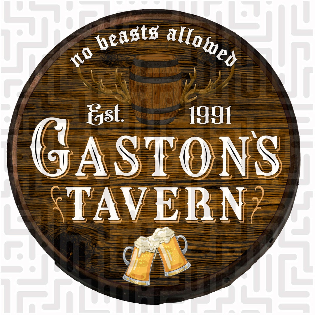 Gaston’s Tavern Barrel Wall Art 22" Rustic Hardwood Sign No Beasts ...