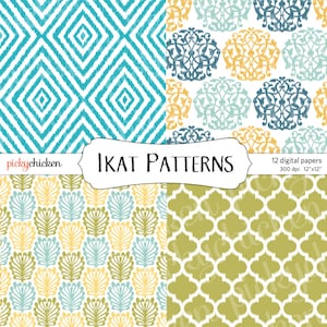 Ikat Digital Paper - Tribal Ethnic Patterns Yellow Blue Teal Green ...