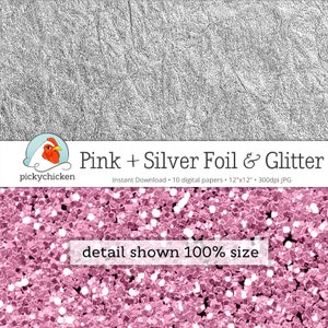 Silver Foil Digital Paper + Pink Digital Paper + Silver Glitter Paper ...