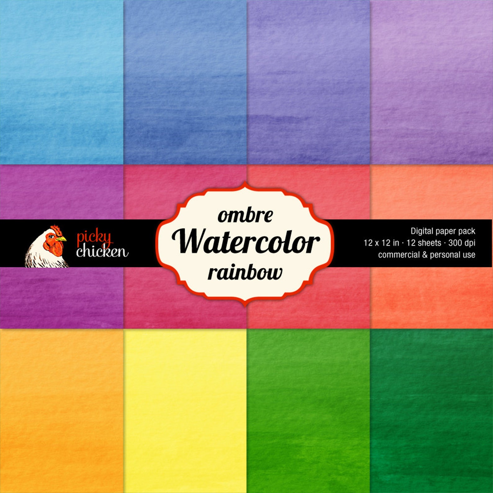 Watercolor Ombre Digital Paper Rainbow Colors Dip Dye | Etsy