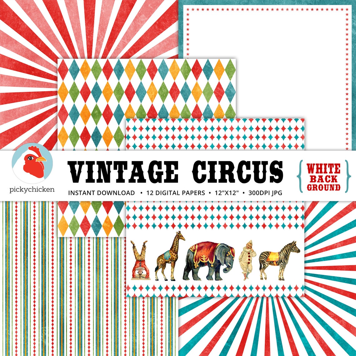 Circus Digital Paper White Background - Vintage Party, Carnival ...