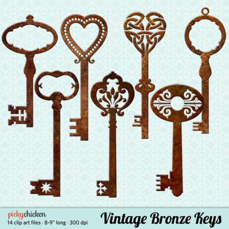 Vintage Bronze Keys Clip Art - 14 Rusty Metal 3D Skeleton Key Celtic ...
