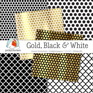 Gold Foil Digital Paper - Gold Black & White, Gold Glam Dots Stripes ...