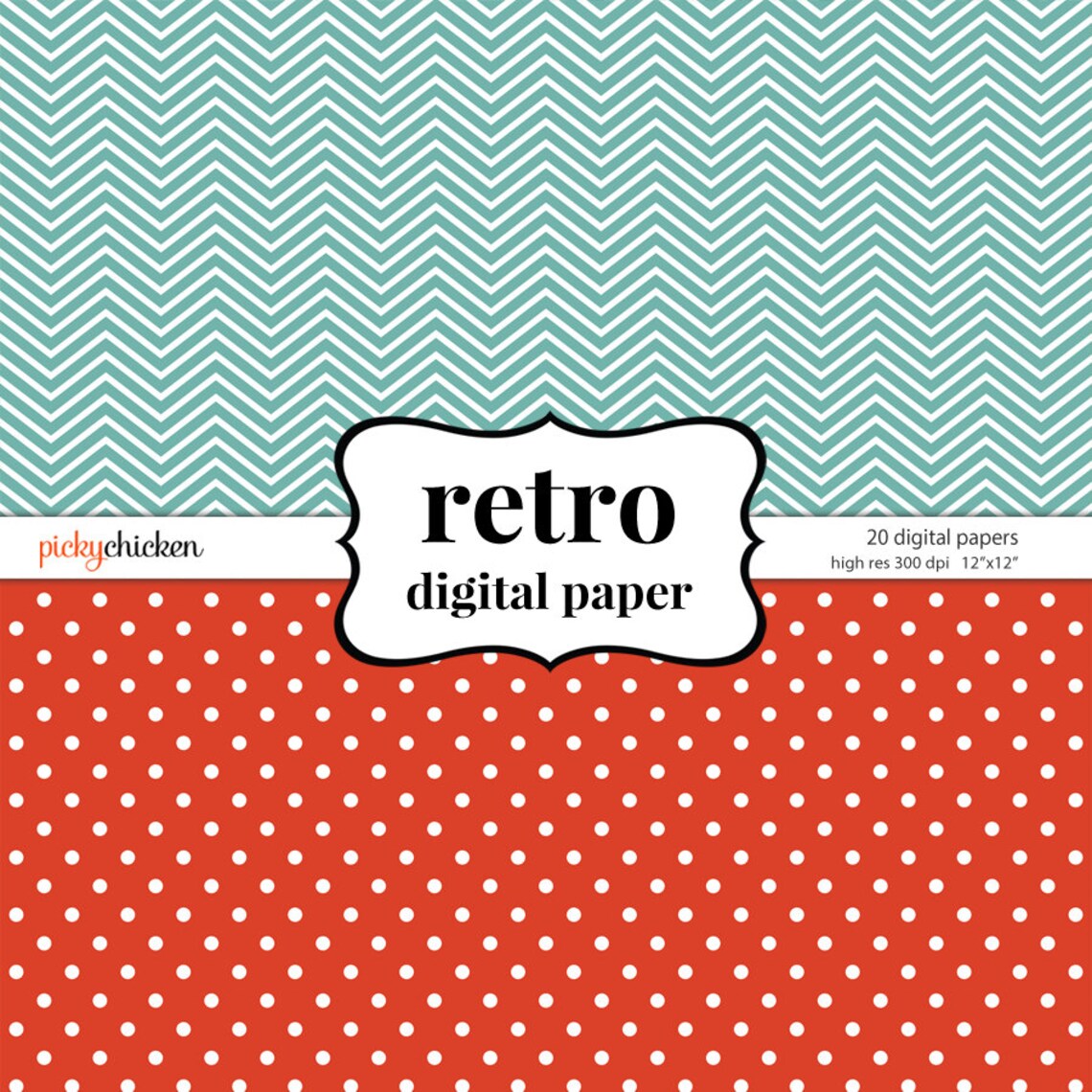 Retro Digital Paper Chevrons Polka Dots Vintage Patterns Mid - Etsy