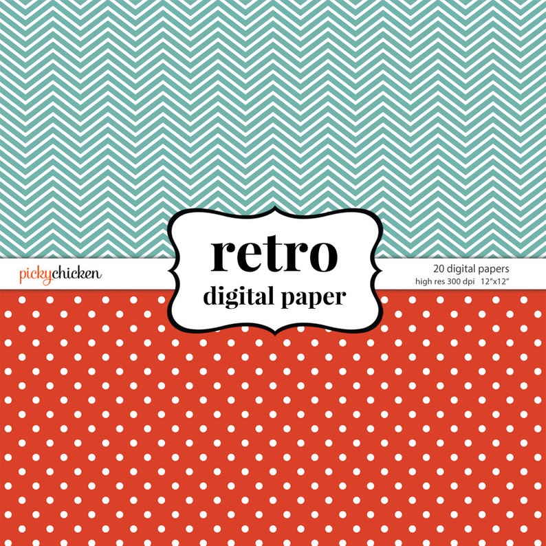 Retro Digital Paper Chevrons Polka Dots Vintage Patterns Mid - Etsy