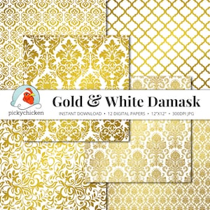 Gold & White Damask Digital Paper - Gold Foil Wedding Printable Damask ...