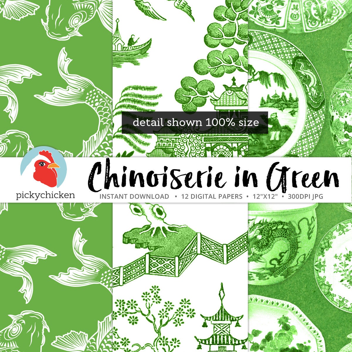 Chinoiserie Digital Paper, Chinese Patterns, Green & White Paper ...